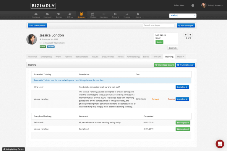 Employee Training Cards - Bizimply