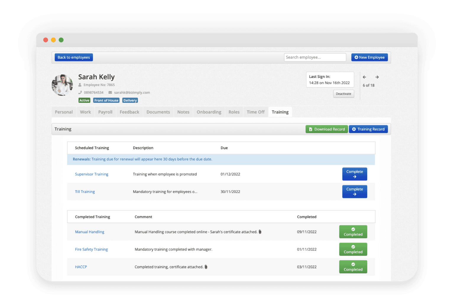 Employee Training Cards - Bizimply