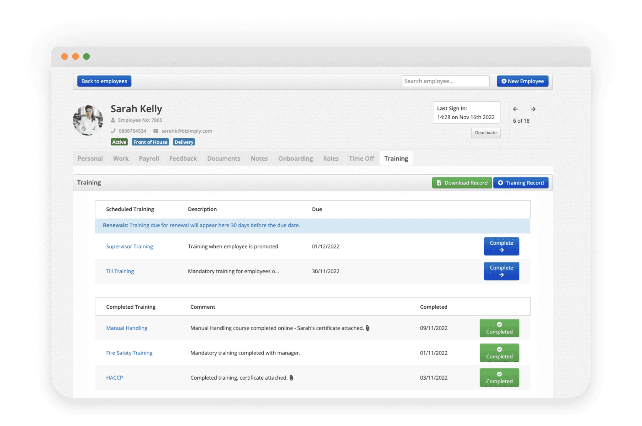 Employee Training Cards - Bizimply