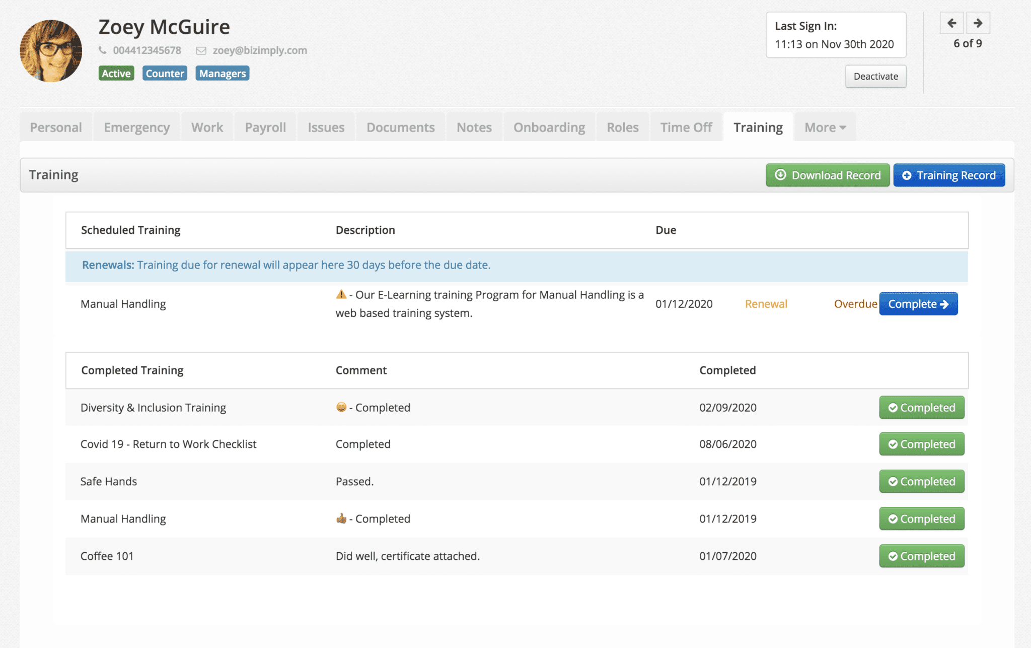 Employee Training Cards - Bizimply